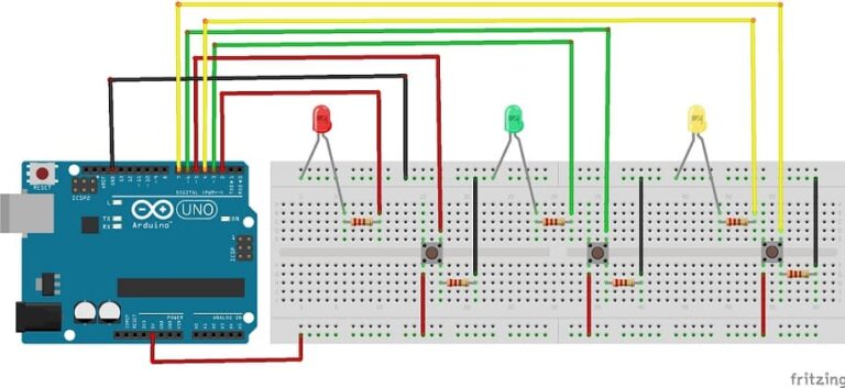 Allumer trois LEDs connectées à l'Arduino UNO par les boutons poussoirs