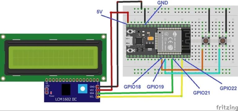 Making chronometer with ESP32 board and LCD I2C 1602 display